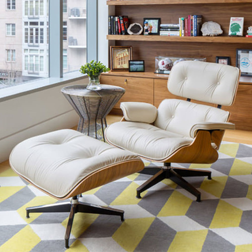 Conjunto Poltrona Girátoria e Puff Eames PU Branco Base Metal - todosmoveis