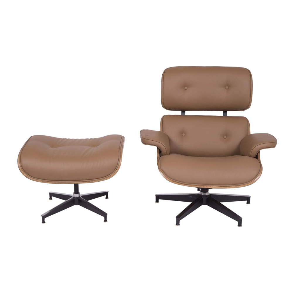 Conjunto Poltrona Girátoria e Puff Eames PU Caramelo Base Metal - todosmoveis