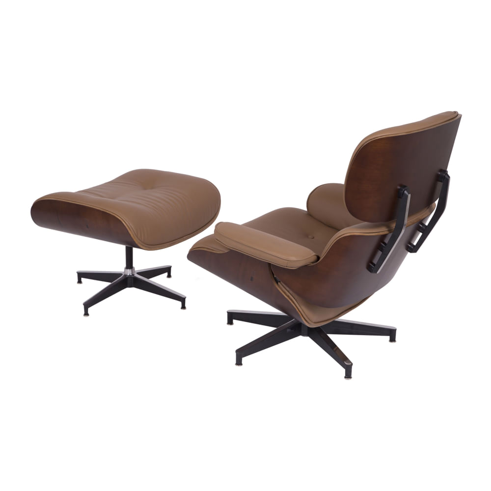 Conjunto Poltrona Girátoria e Puff Eames PU Caramelo Base Metal - todosmoveis
