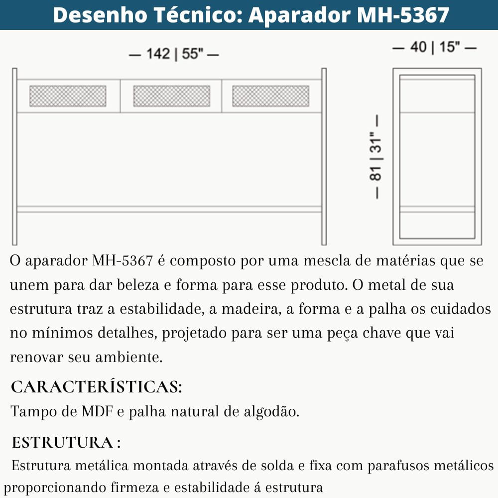 Aparador MH-5367 Herval 142 cm Palha Natural Tampo MDF Carvalho Preto ...