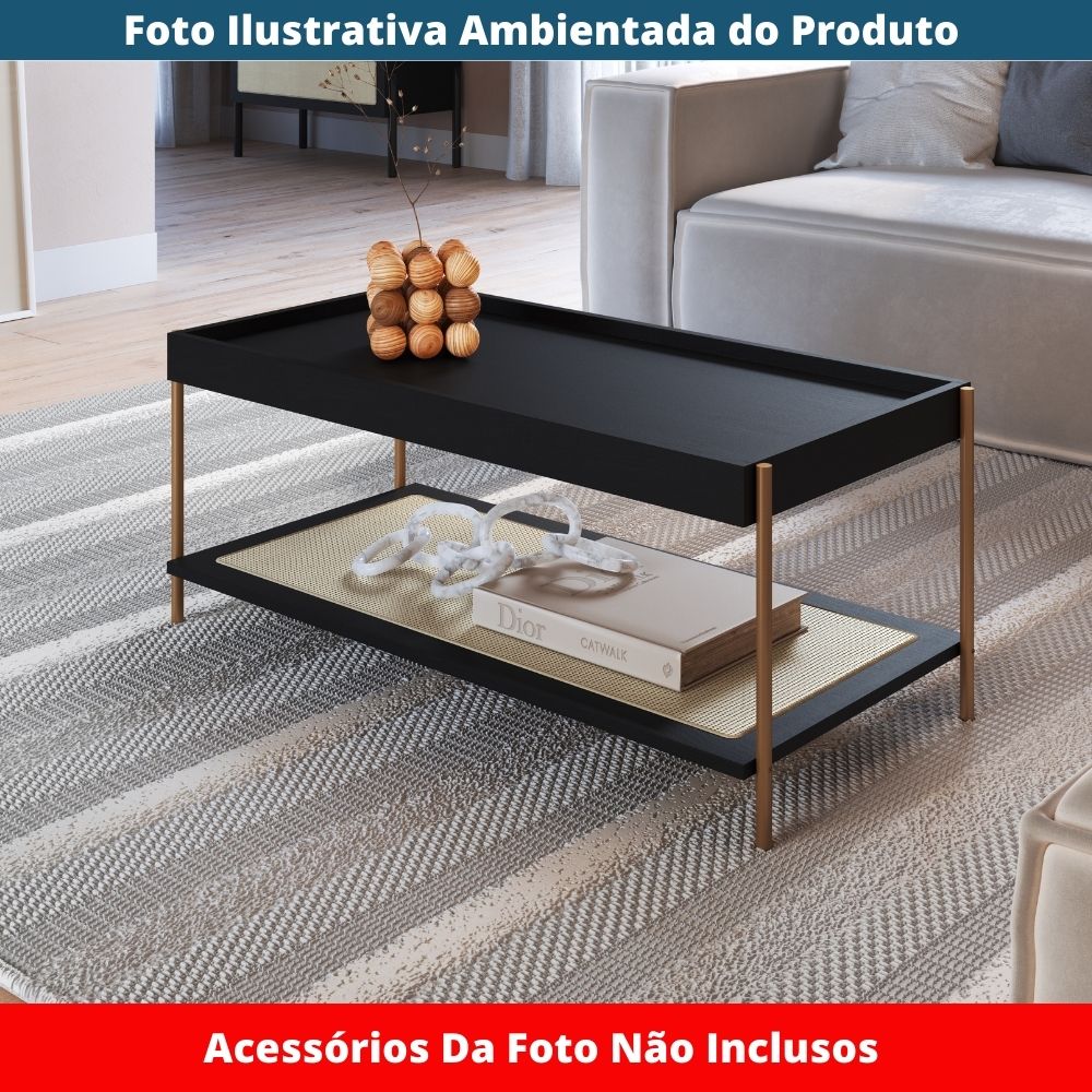 Mesa de Centro Retangular Oslo Artesano 93 cm (larg) MDP Nero Palha ...